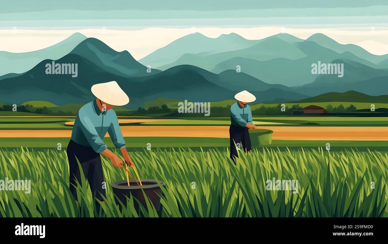 depicting a range of traditional and modern rice farming techniques ...
