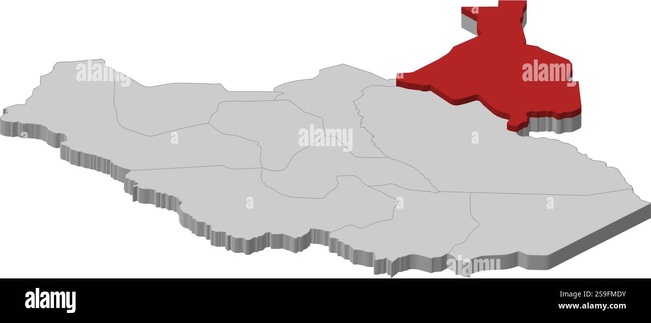 Map of South Sudan as a gray piece, Upper Nile is highlighted in red ...