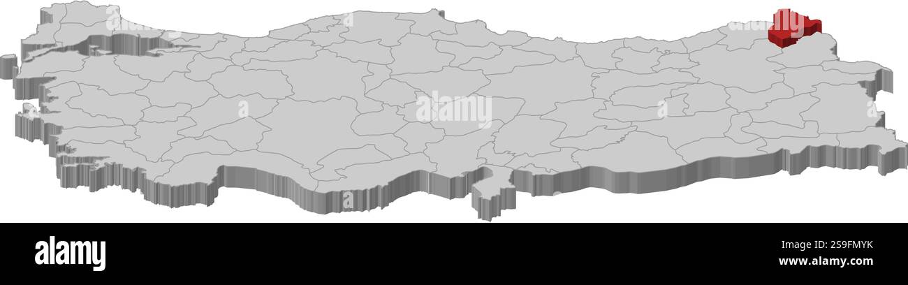 Map of Turkey as a gray piece, Ardahan is highlighted in red Stock ...