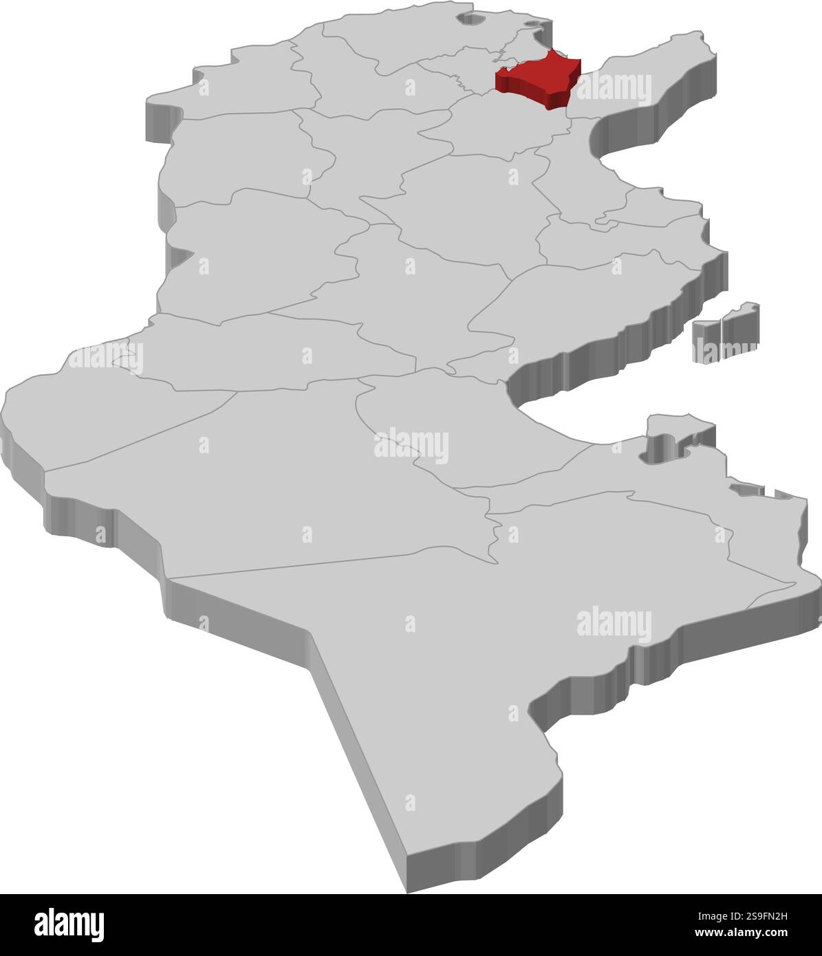 Map of Tunisia as a gray piece, Ben Arous is highlighted in red Stock ...
