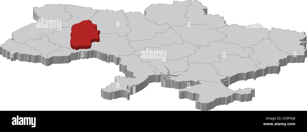 Map of Ukraine as a gray piece, Khmelnytskyi is highlighted in red ...