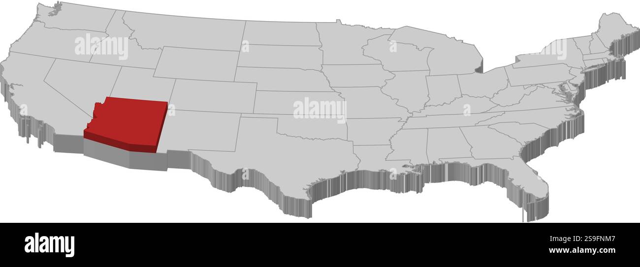 Map of United States as a gray piece., Arizona is highlighted in red ...