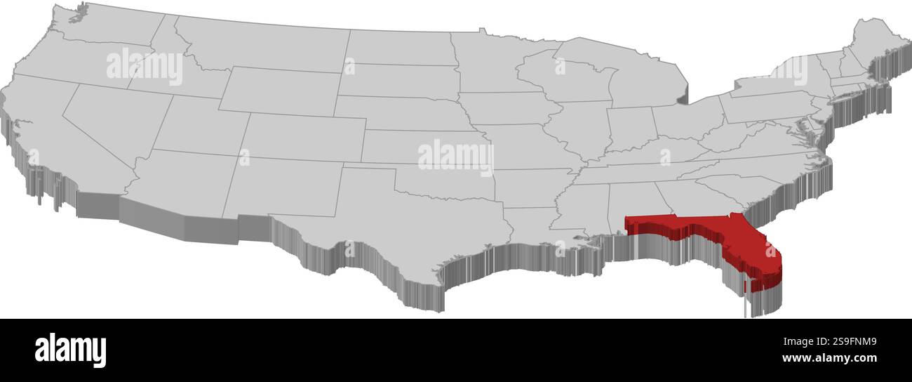 Map of United States as a gray piece., Florida is highlighted in red ...