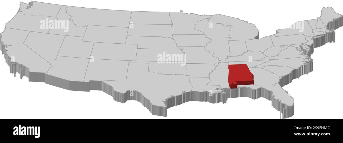 Map of United States as a gray piece., Alabama is highlighted in red ...