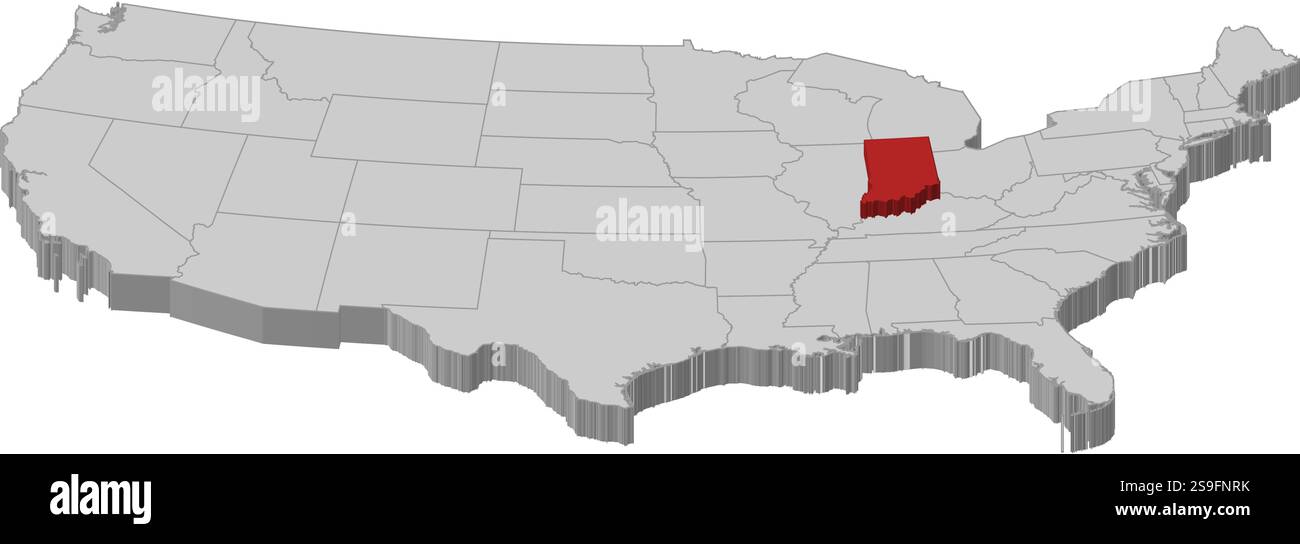 Map of United States as a gray piece., Indiana is highlighted in red ...