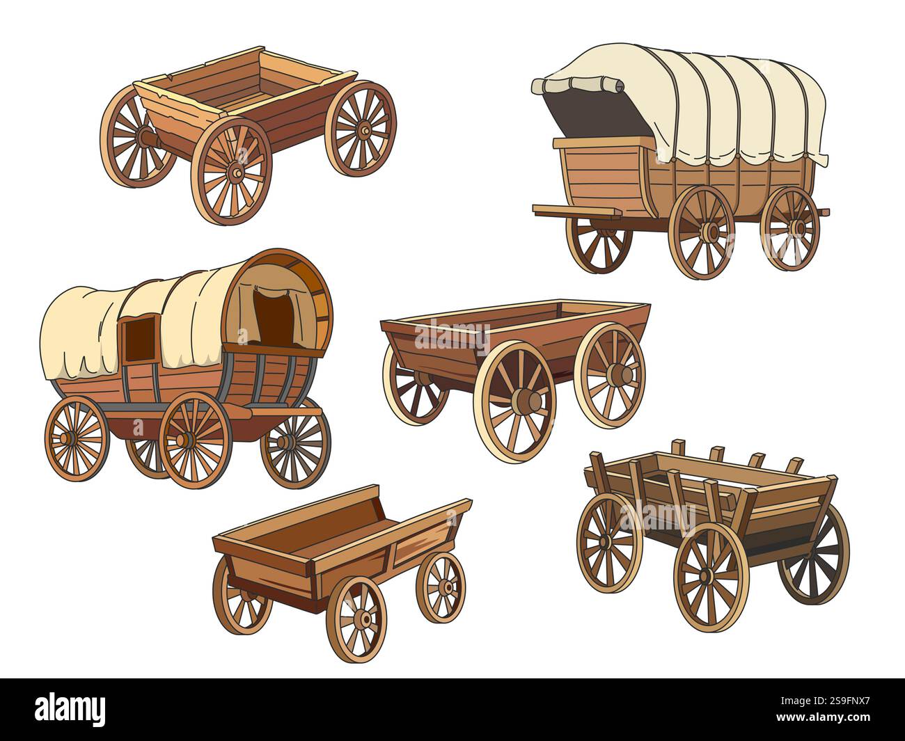 Wooden retro carts. Vintage cowboy wagons, old wild west chariots ...