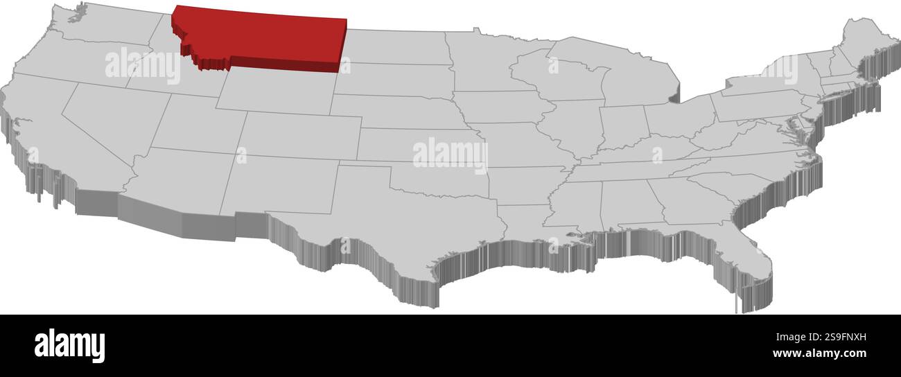 Map of United States as a gray piece., Montana is highlighted in red ...