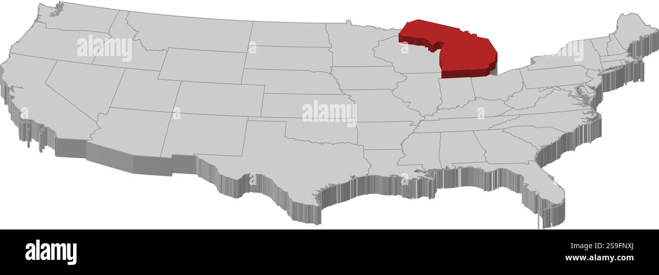 Map of United States as a gray piece., Michigan is highlighted in red ...