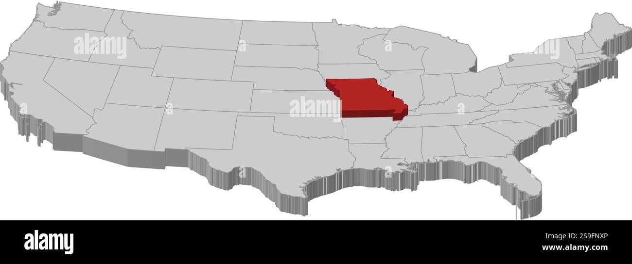 Map of United States as a gray piece., Missouri is highlighted in red ...