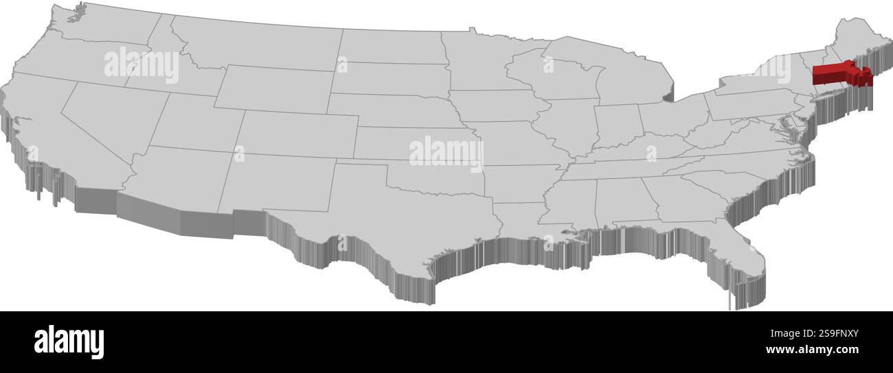 Map of United States as a gray piece., Massachusetts is highlighted in ...