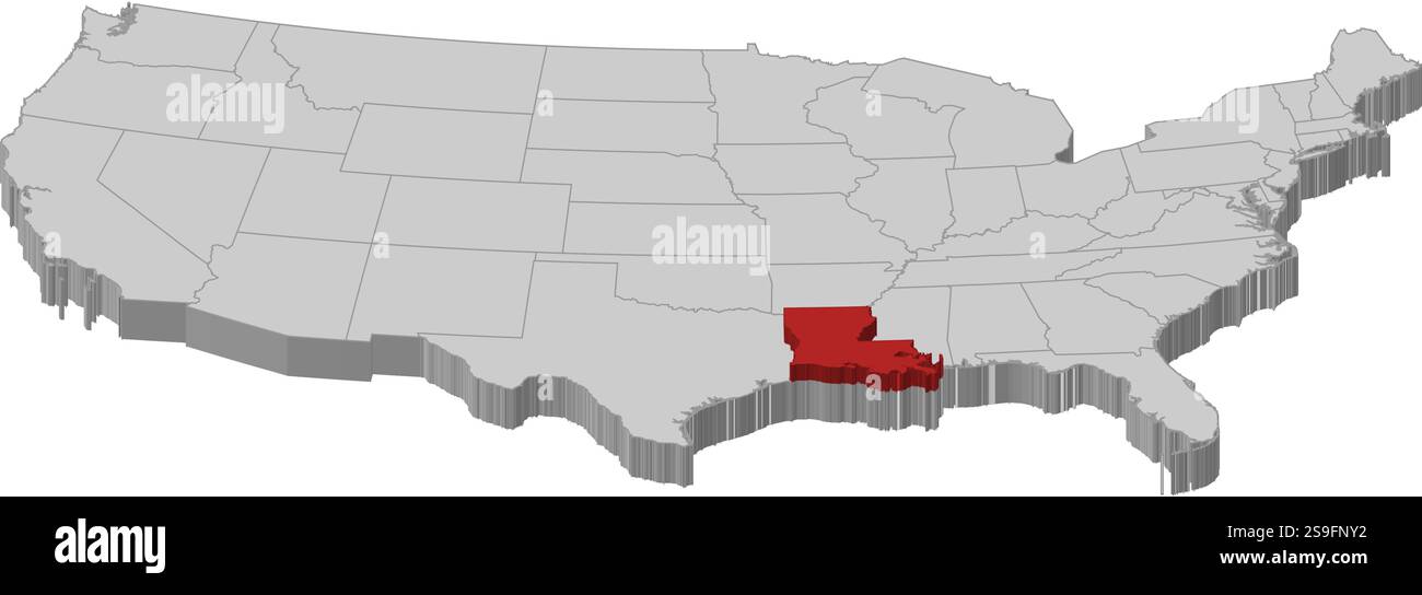 Map of United States as a gray piece., Louisiana is highlighted in red ...