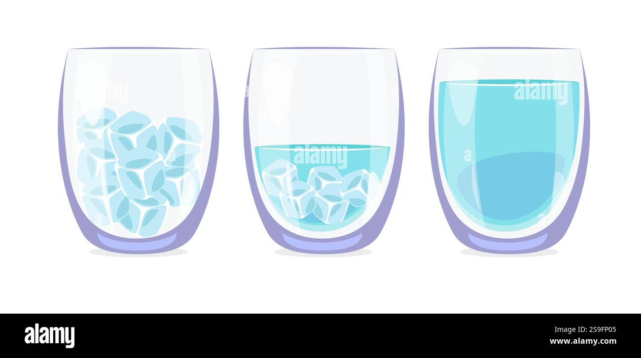 Stages melting ice in glass. Full of clean melt pure aqua in ...