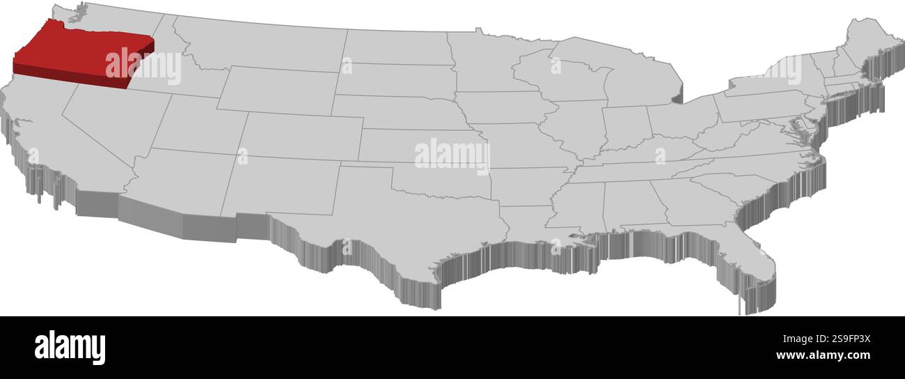 Map of United States as a gray piece., Oregon is highlighted in red ...