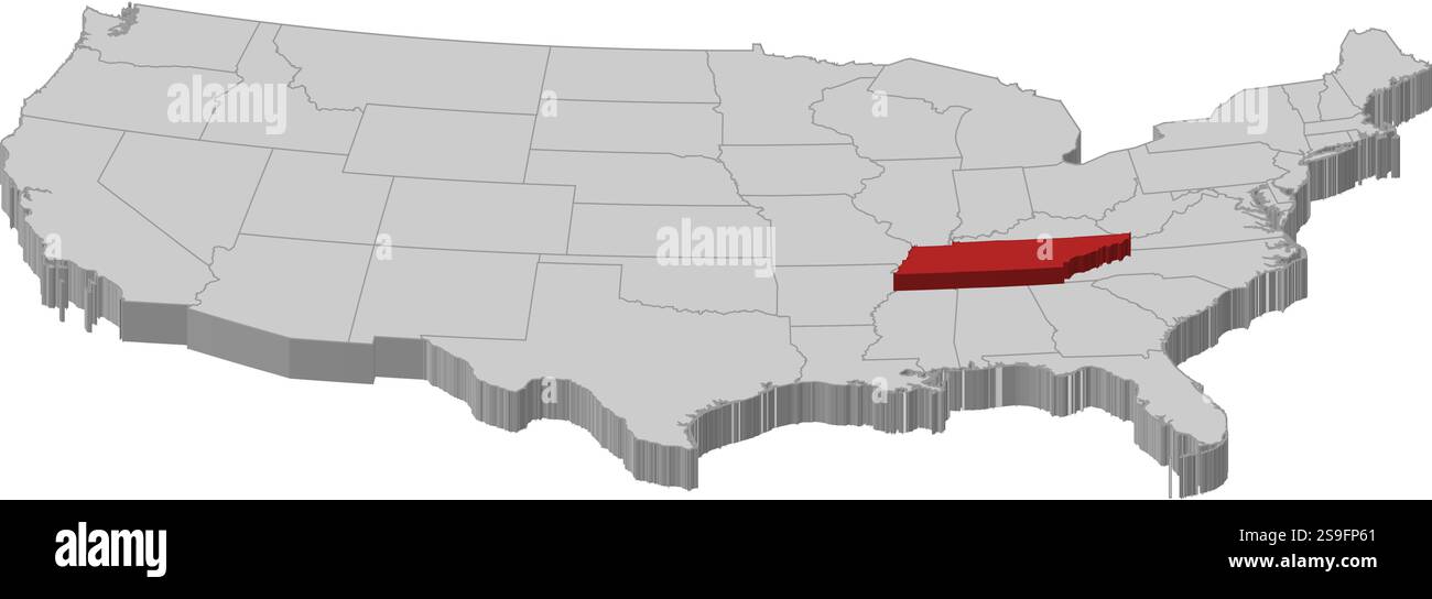 Map of United States as a gray piece., Tennessee is highlighted in red ...