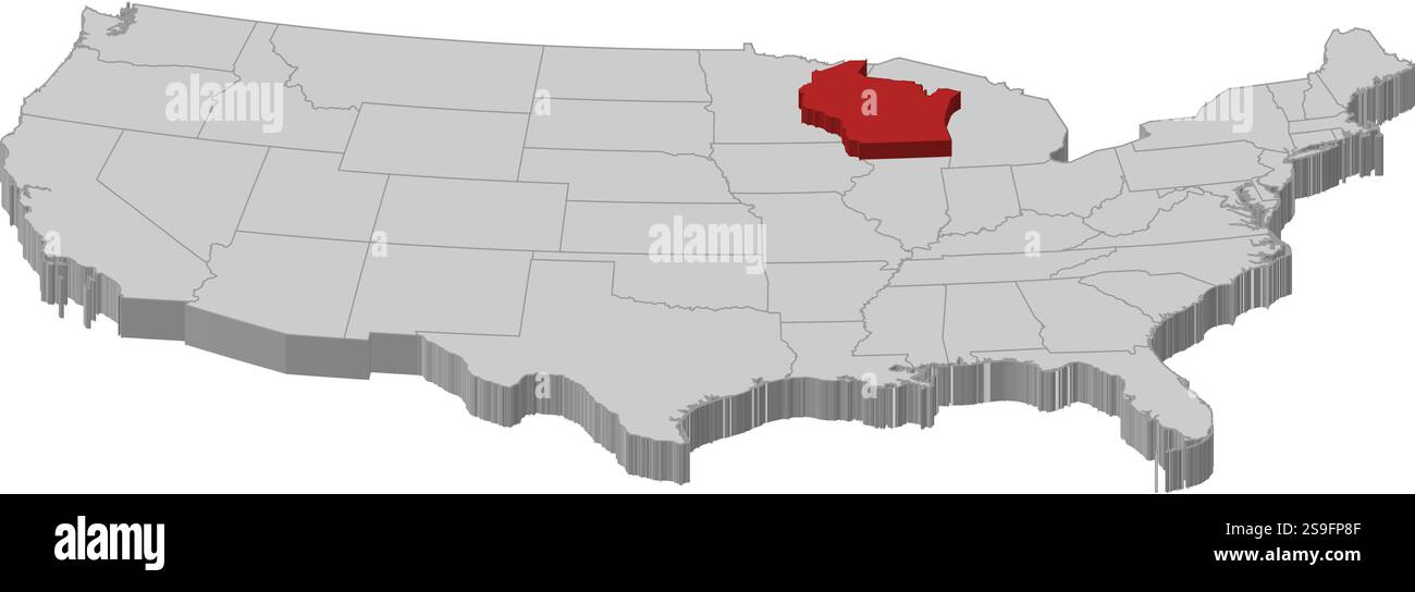 Map of United States as a gray piece., Wisconsin is highlighted in red ...