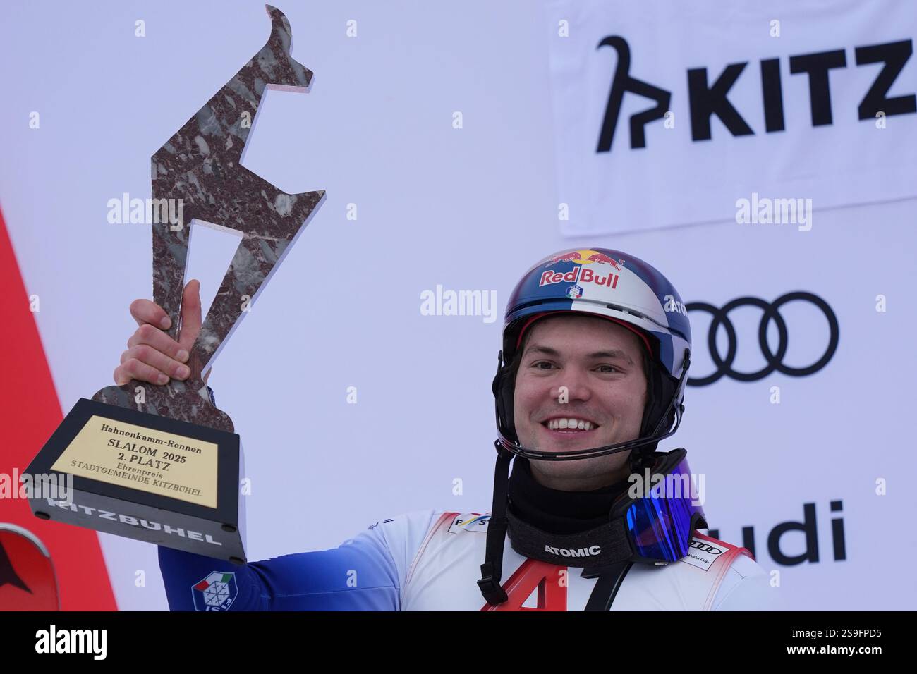 Second placed Italy's Alex Vinatzer celebrates after an alpine ski, men ...