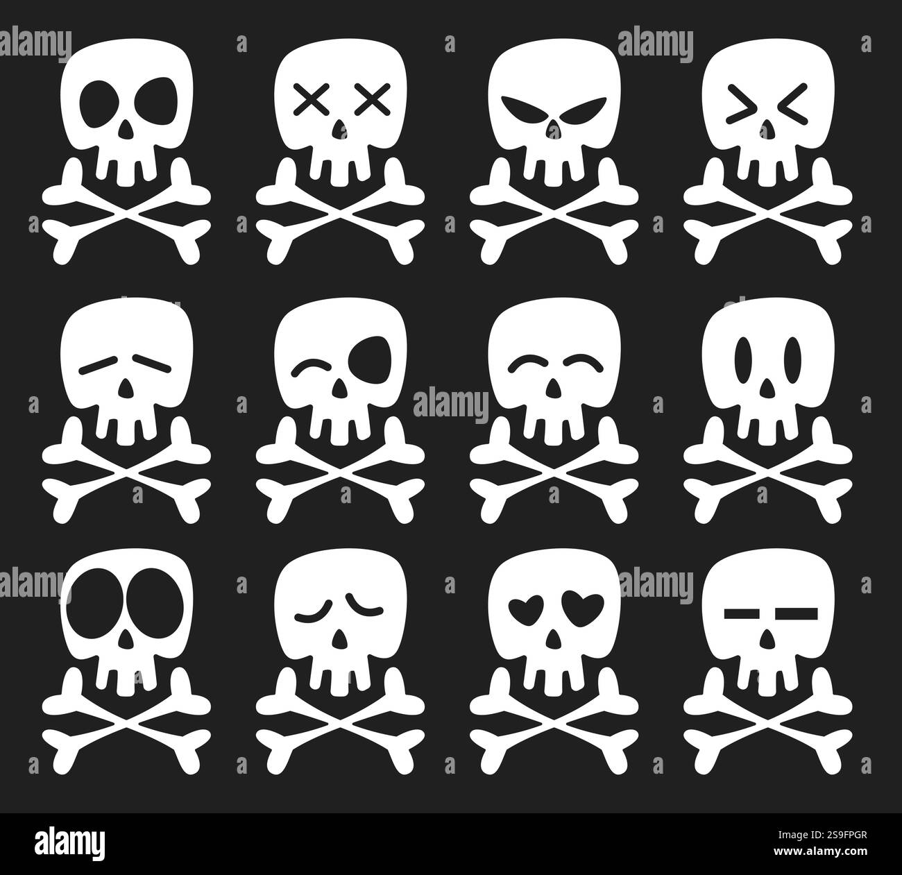 Set cartoon skull and bones icons. Different emotions, smile, angry and ...