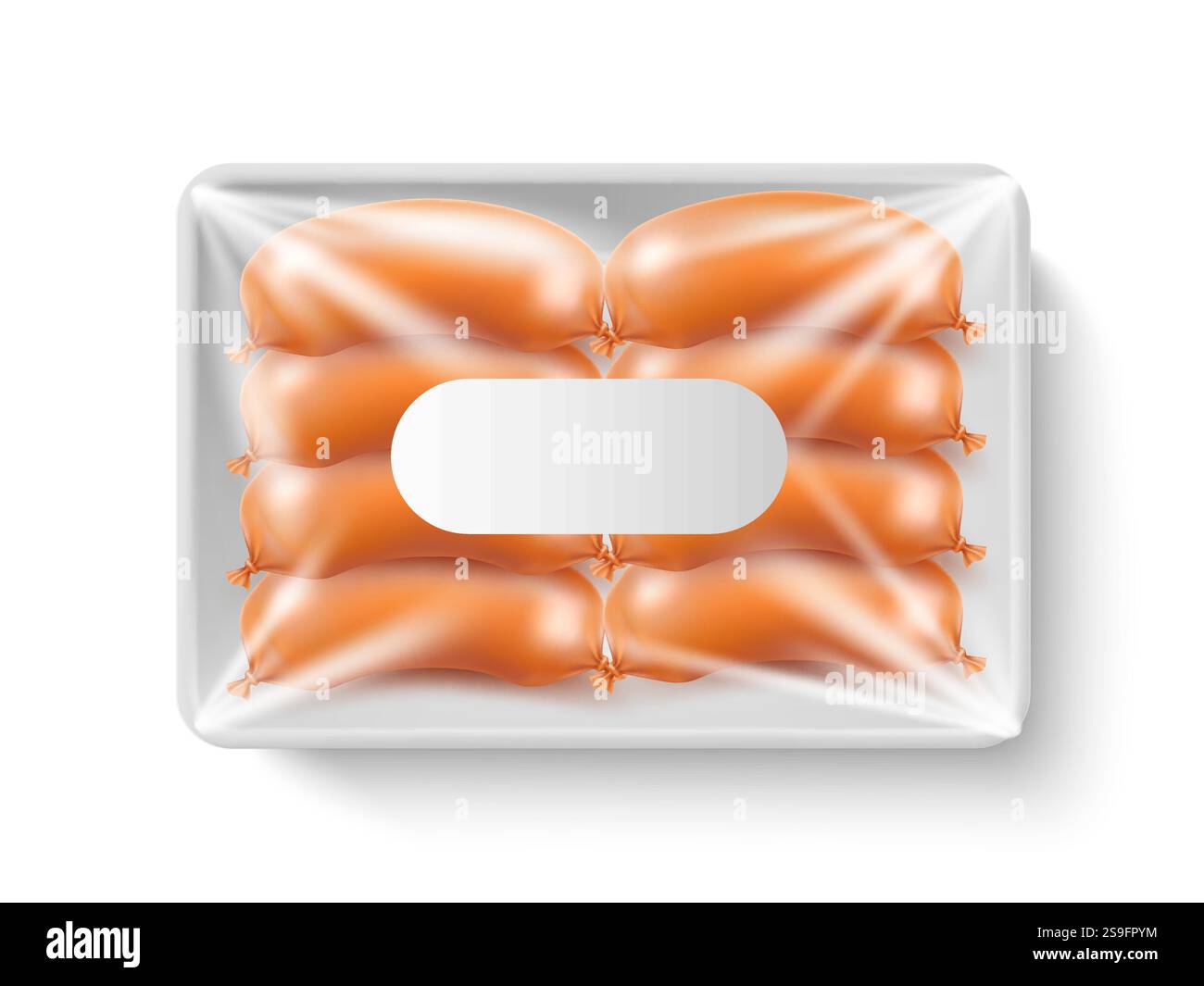 Plastic wrapped wieners. Tray for meat product. Vacuum container for ...