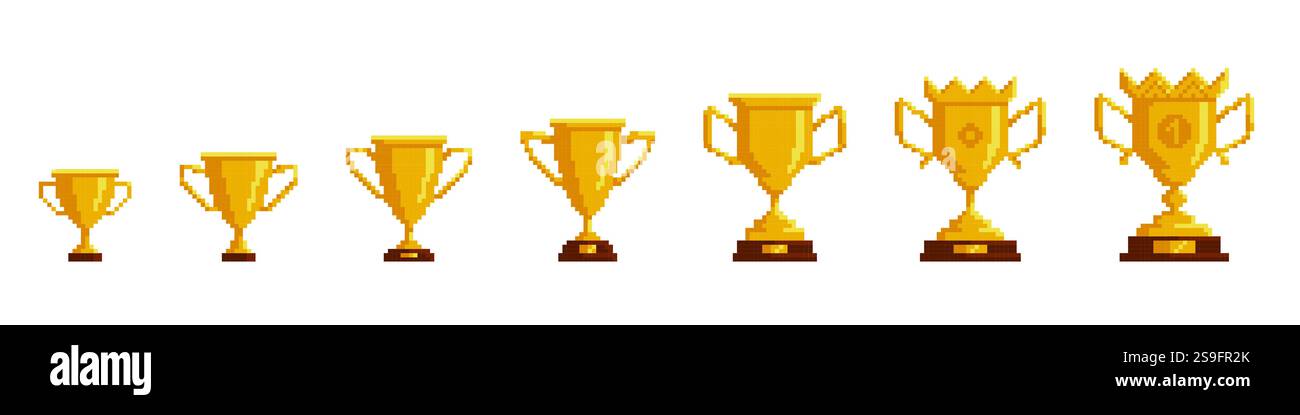 Pixel cup animation. Frame by frame golden award upgrade, retro 8 bit ...