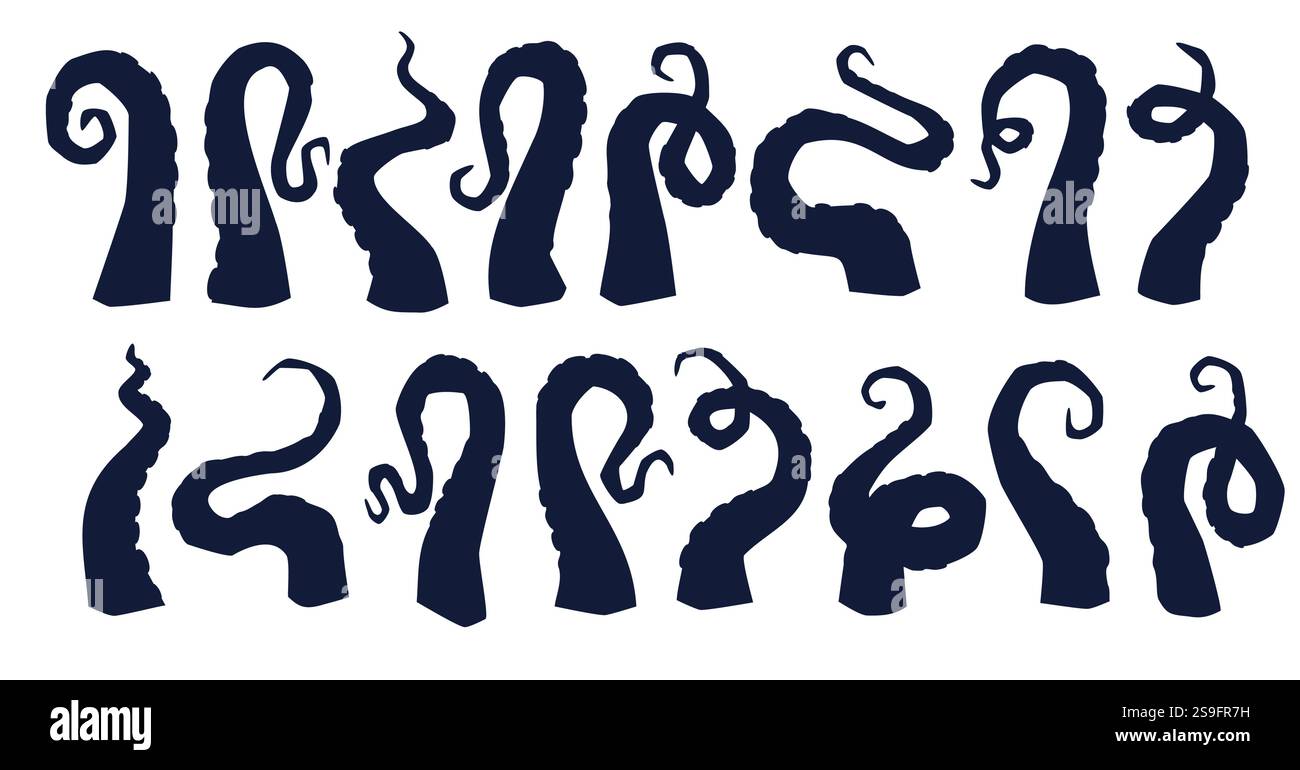 Octopus tentacle silhouette set. Marine monster black element. Kraken ...
