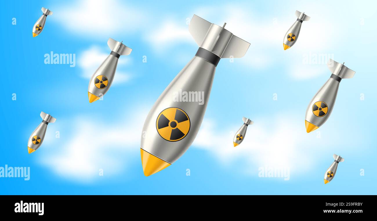 Nuclear bombs falling from sky. Mass defeat weapon flying. Realistic background. military attack ...