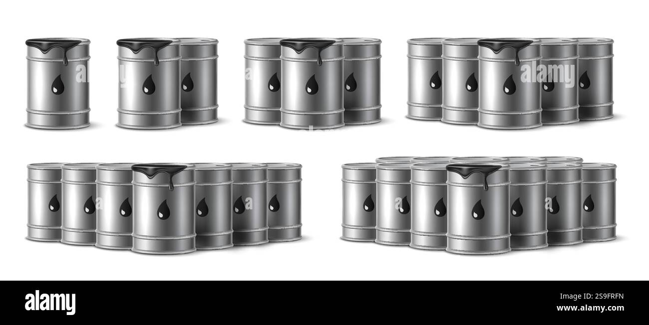 Metal oil drums. Realistic isolated hazard black liquid containers ...