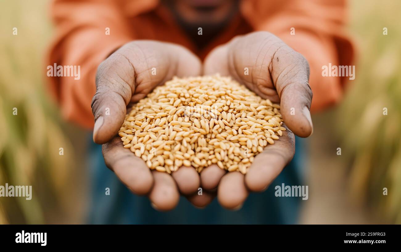 Close-up of a farmer's calloused hands cupping and displaying freshly ...