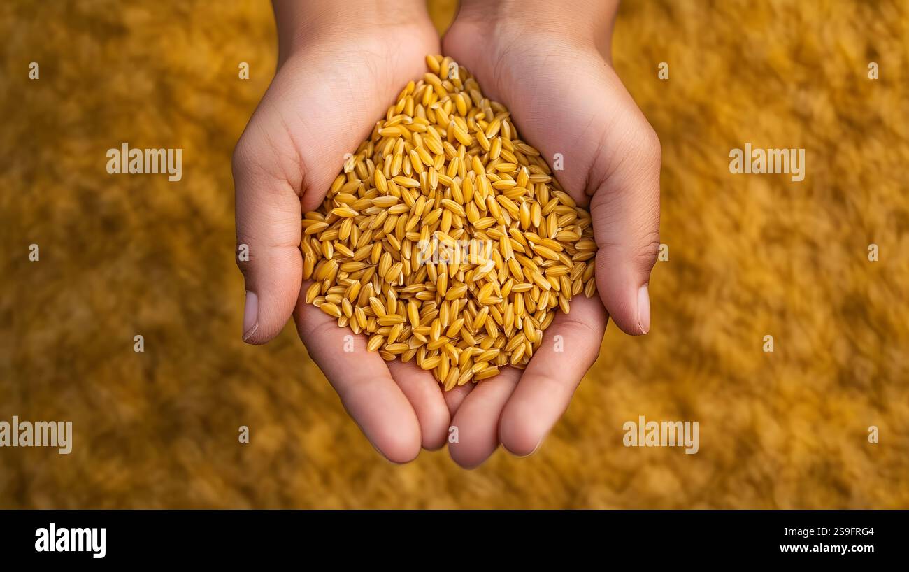 Close-up of a farmer's hands holding a bountiful harvest of freshly ...