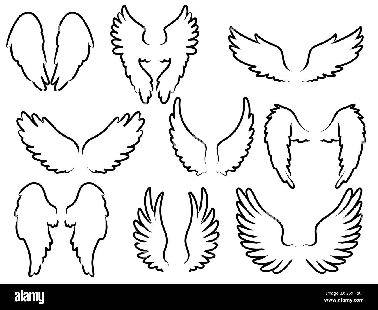 Hand drawn outline angels wings. One line silhouettes, doodle style ...