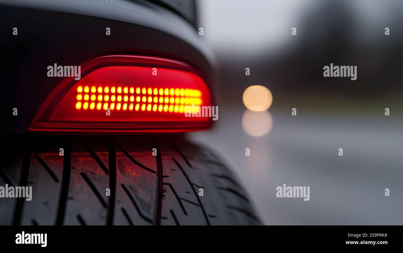Illuminated low tire pressure warning light on the dashboard of a car ...
