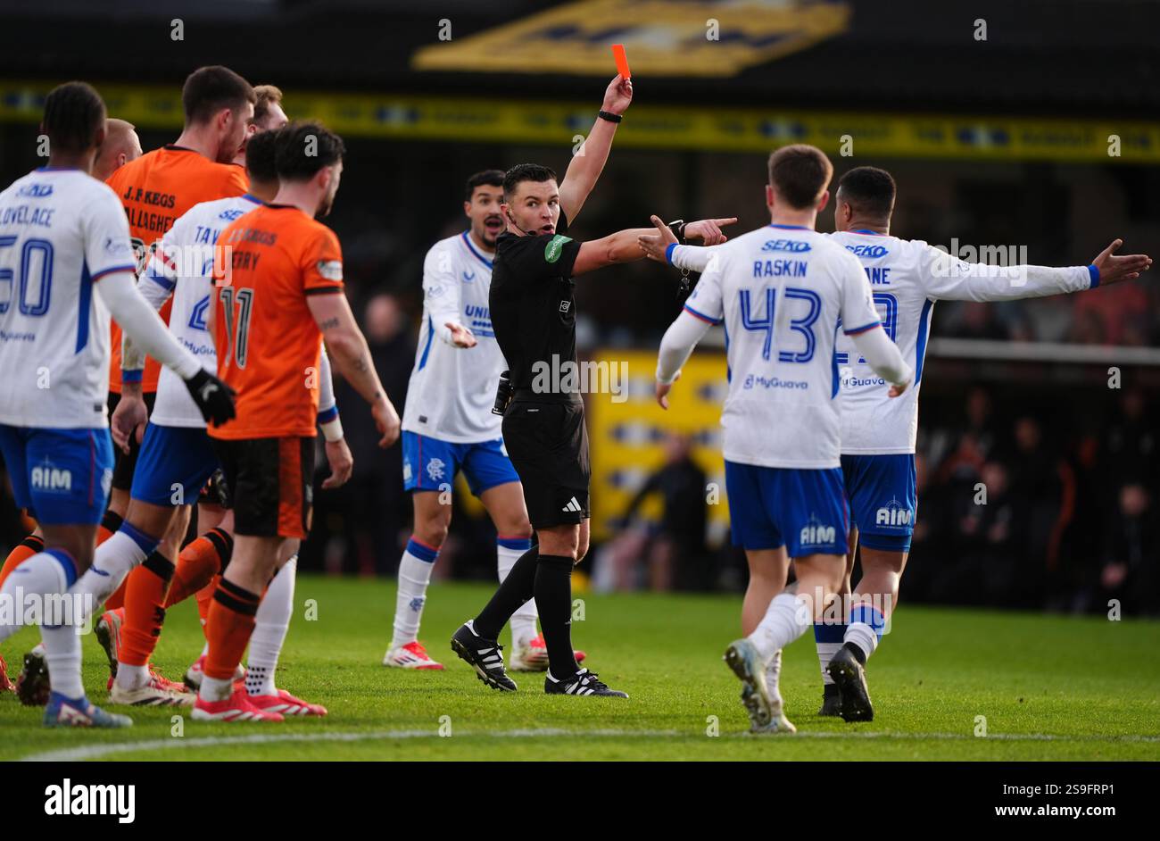 Referee Nick Walsh shows a red card to Rangers' Mohamed Diomande (not ...