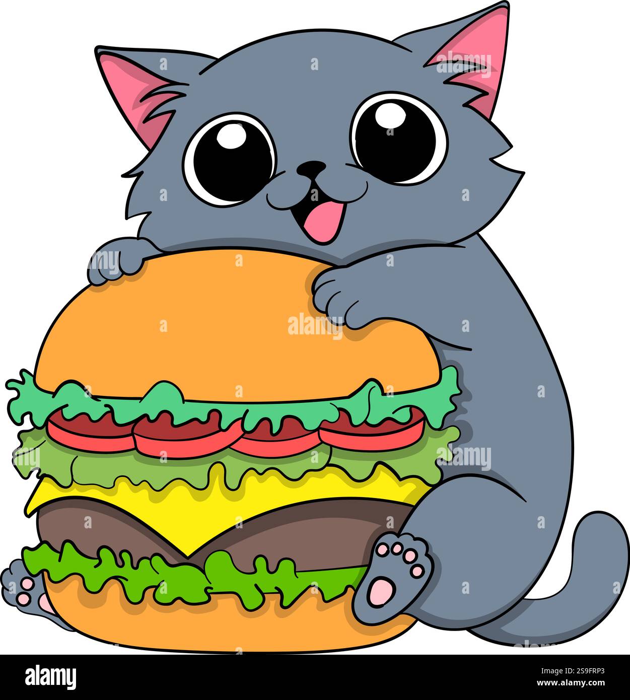 A cute gray cat with big eyes happily hugging an oversized cheeseburger ...