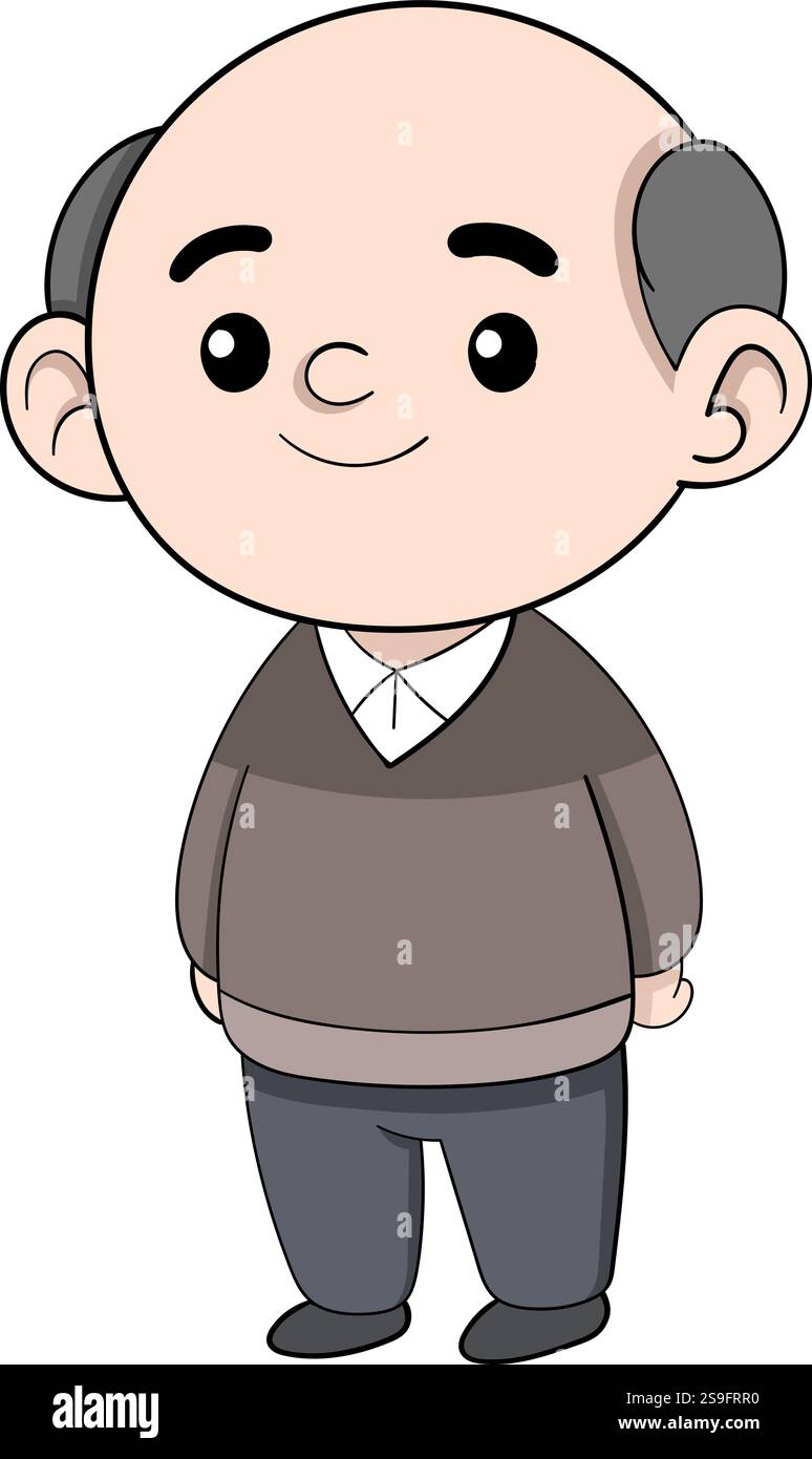 A cheerful cartoon illustration of an elderly man with a bald head and ...