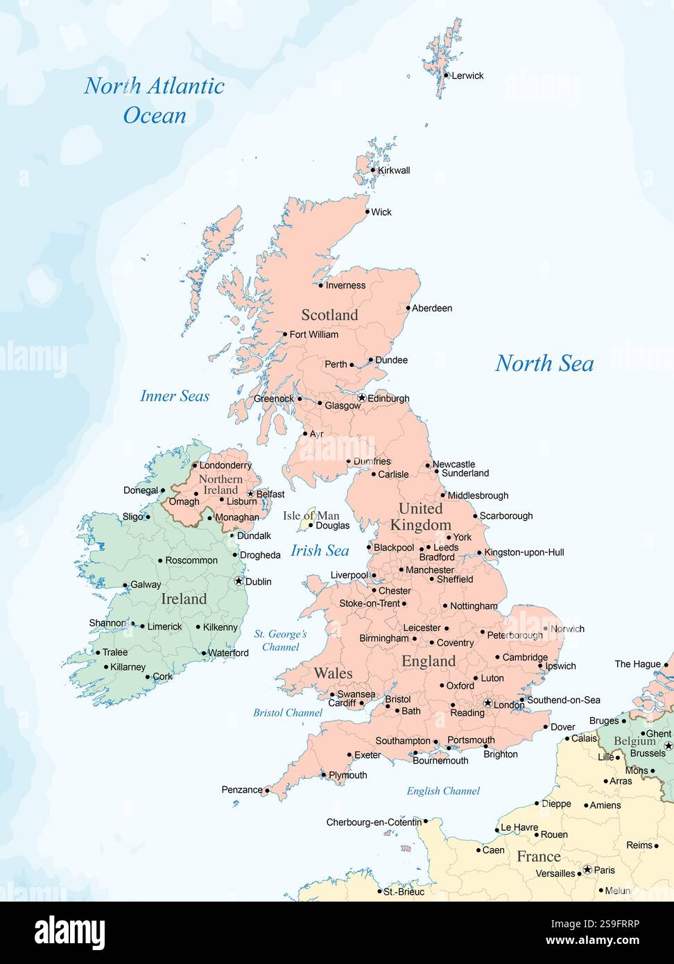 Political map focusing on the United Kingdom and Ireland, highlighting ...