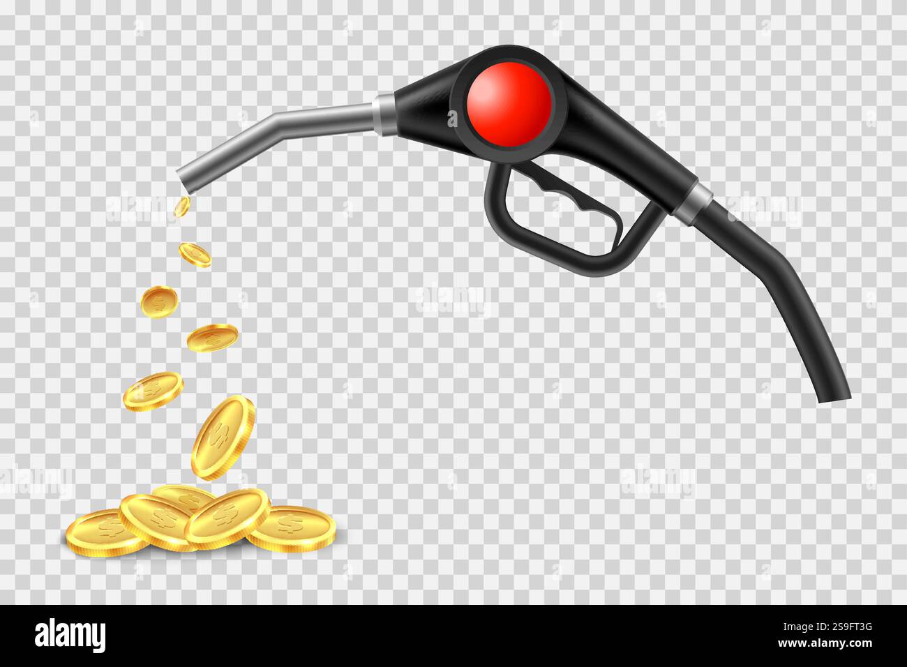 Gasoline refueling gun with gold coins. Rising fuel price. Pump nozzle ...