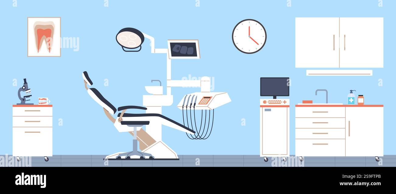 Dental office with equipment. Stomatology instruments, chair and ...