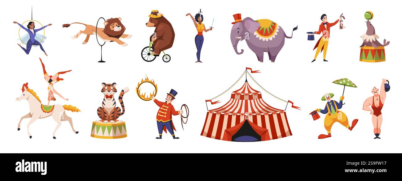 Cartoon circus animals and artists. Funny chapiteau characters, tent ...