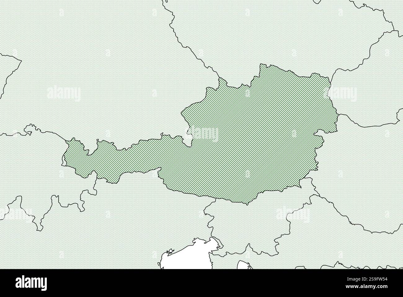 Map of Austria and nearby countries, Austria is shaded wirh green lines ...