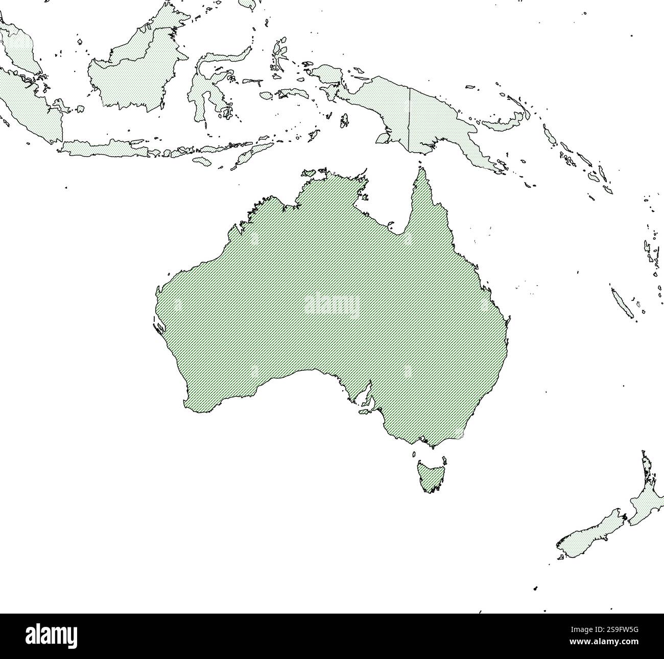 Map of Australia and nearby countries, Australia is shaded wirh green ...