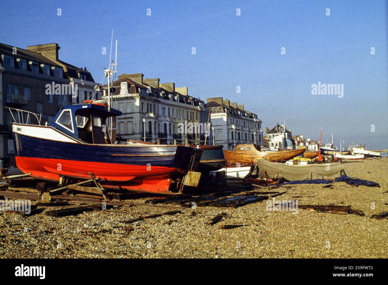 A fishing boat on the beach at Deal, in Kent, in 1985 Stock Photo - Alamy