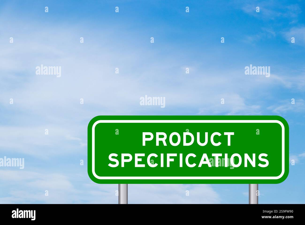 Green color transportation sign with word product specification on blue ...