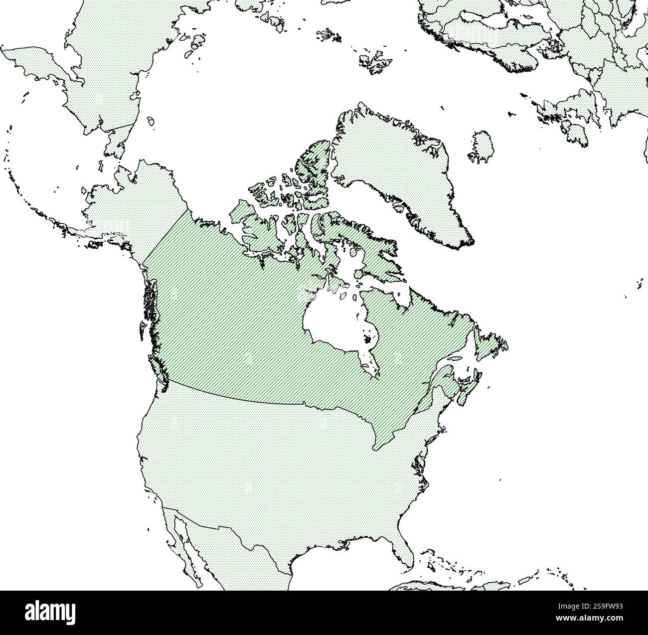Map of Canada and nearby countries, Canada is shaded wirh green lines ...