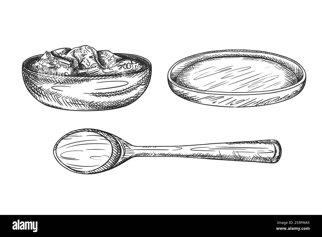 Vector set illustration wooden texture plate, spoon. Kitchen utensils ...