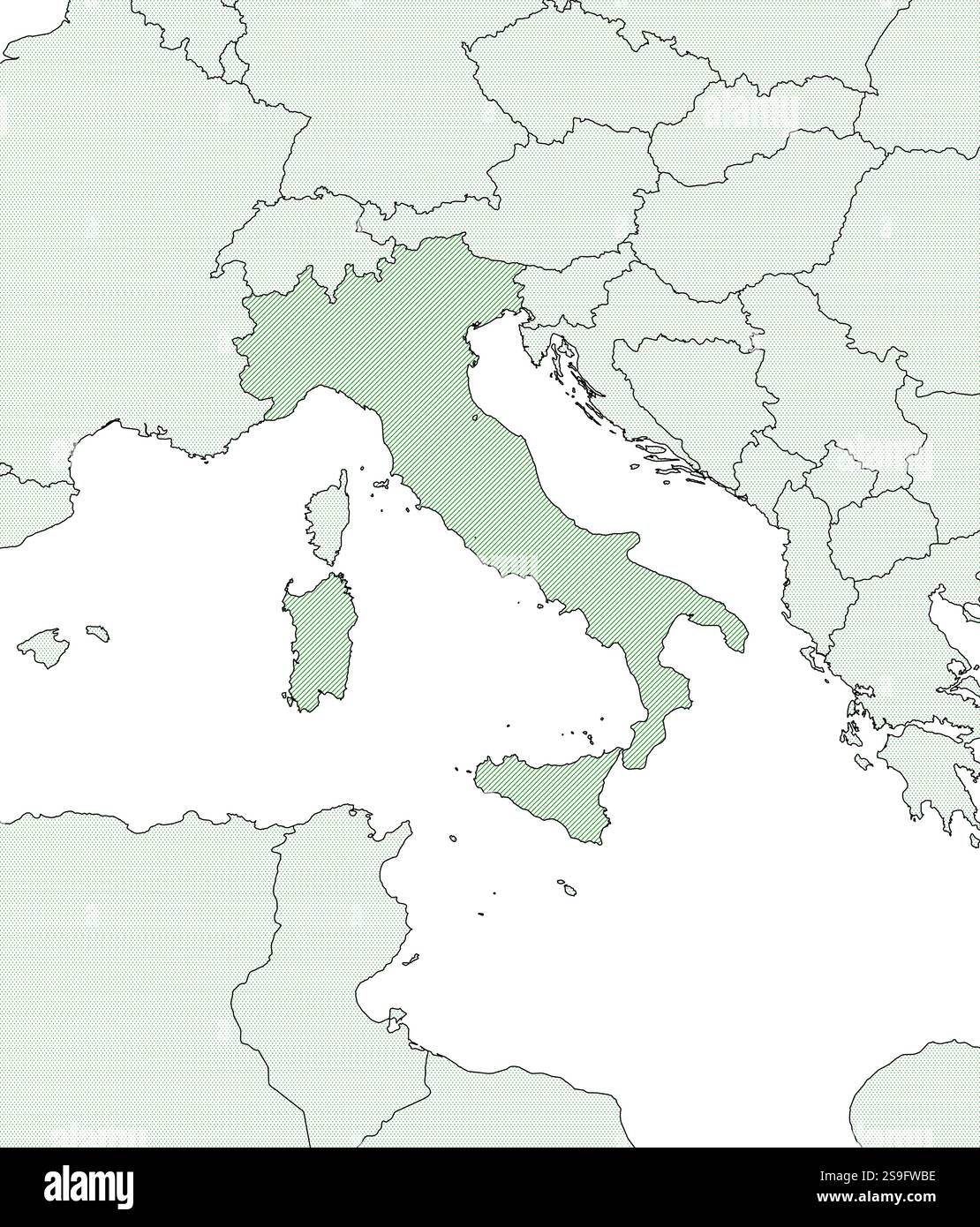 Map of Italy and nearby countries, Italy is shaded wirh green lines ...