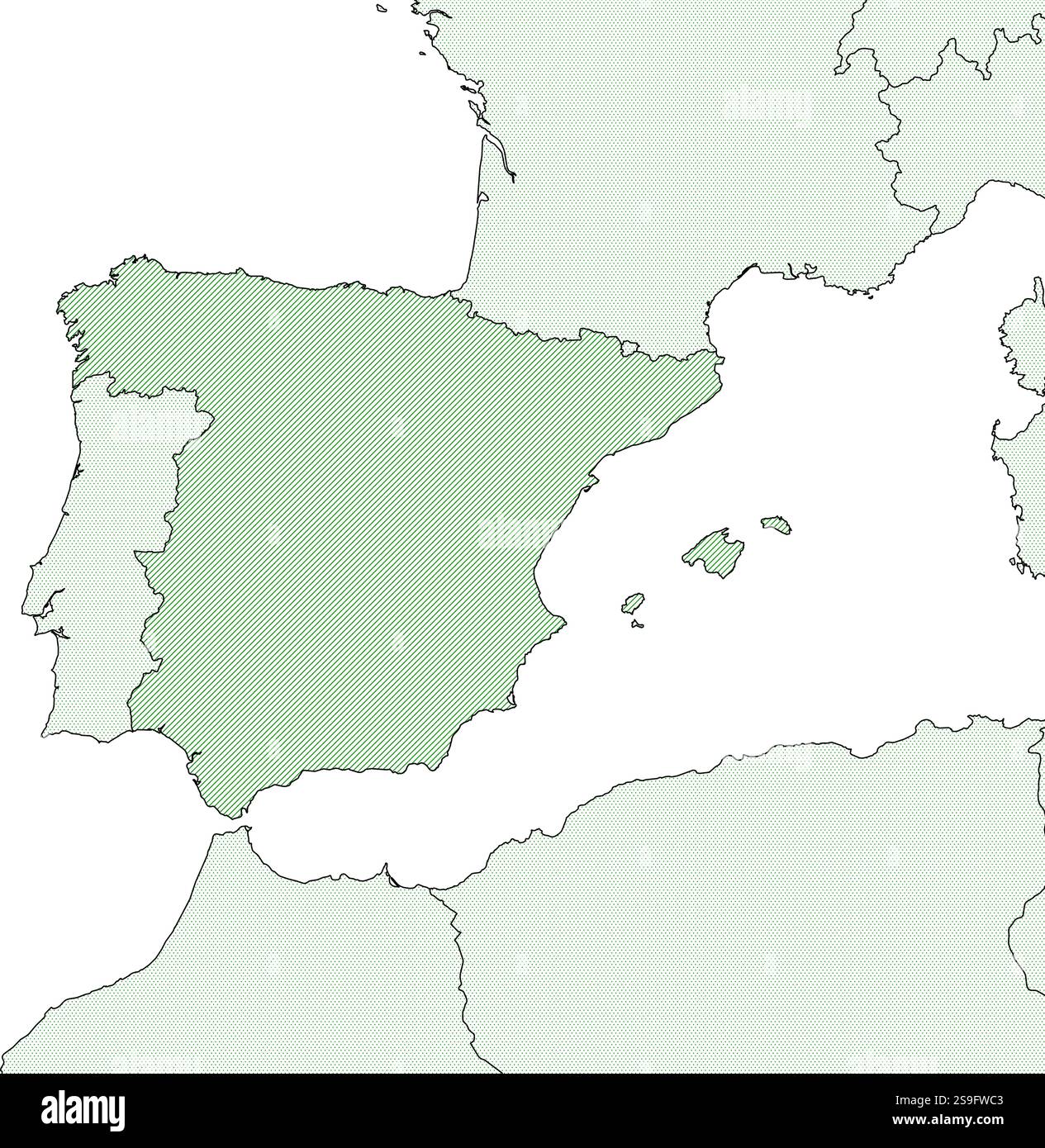 Map of Spain and nearby countries, Spain is shaded wirh green lines ...