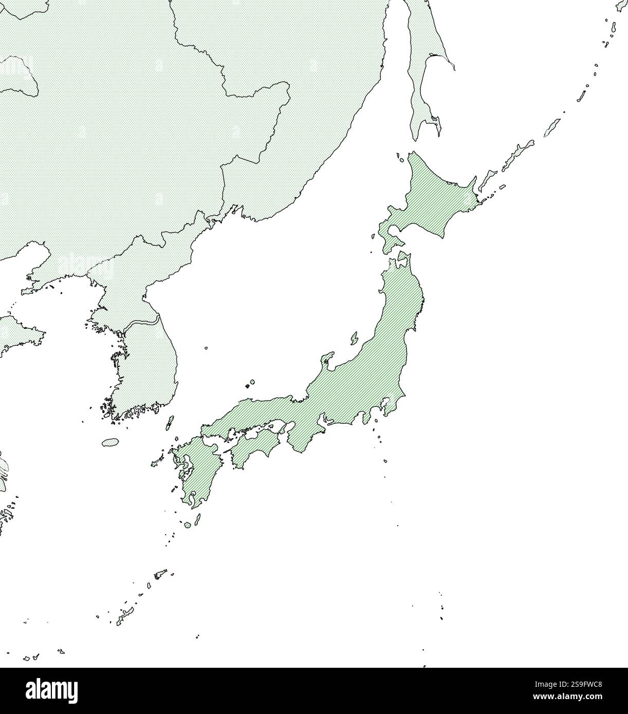 Map of Japan and nearby countries, Japan is shaded wirh green lines ...