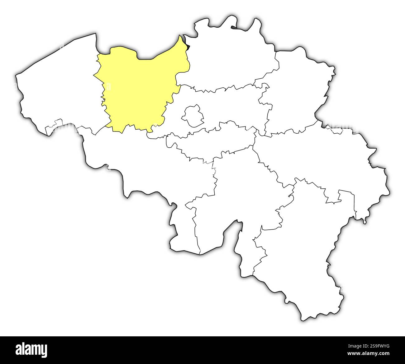 Map of Belgium with the provinces, East Flanders is highlighted in ...
