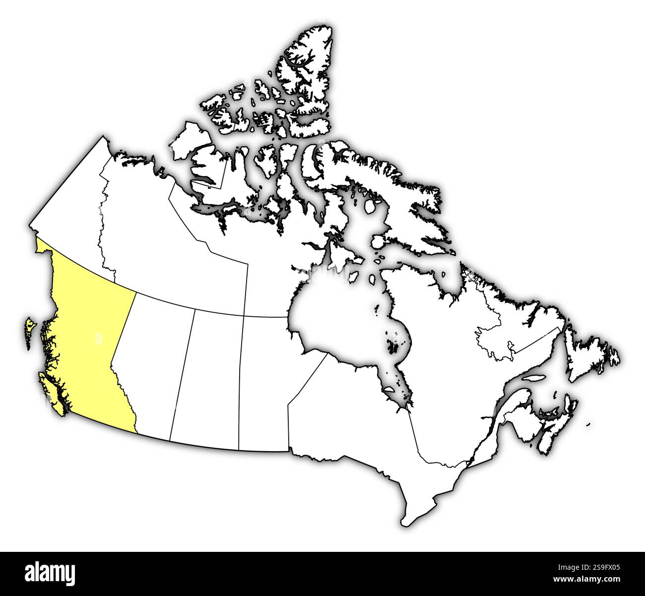 Map of Canada with the provinces, British Columbia is highlighted in ...