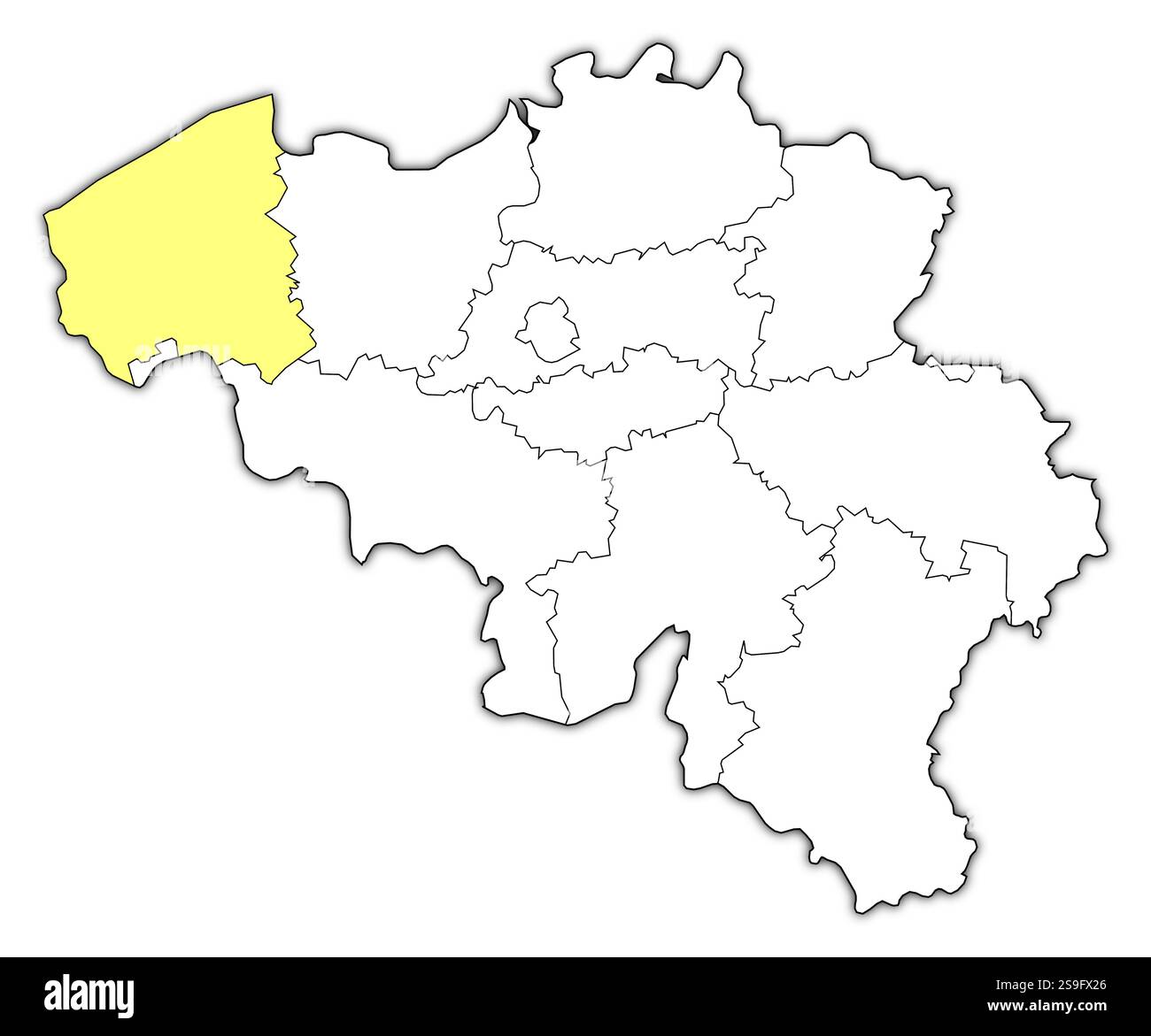 Map of Belgium with the provinces, West Flanders is highlighted in ...