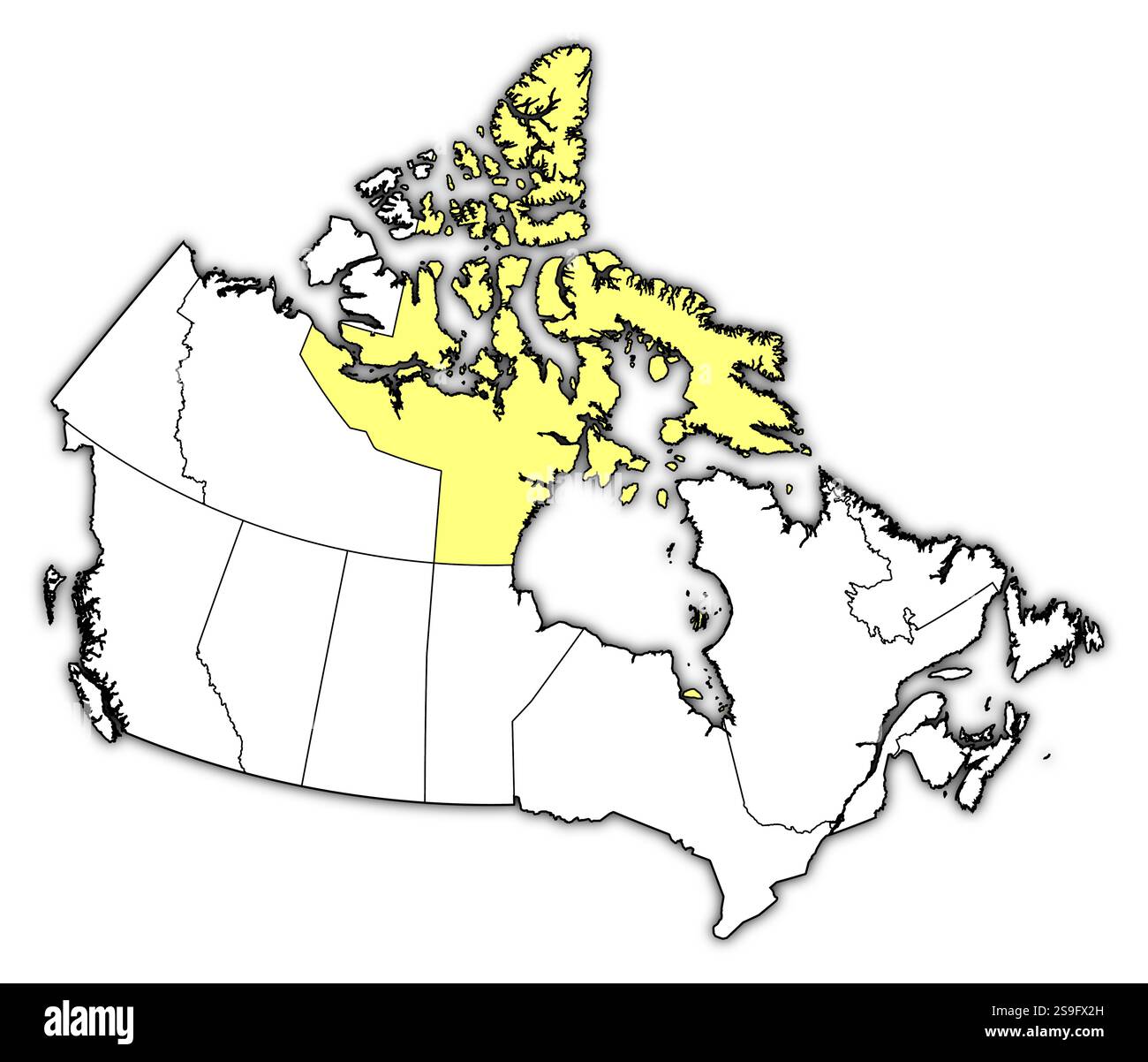 Map of Canada with the provinces, Nunavut is highlighted in yellow ...